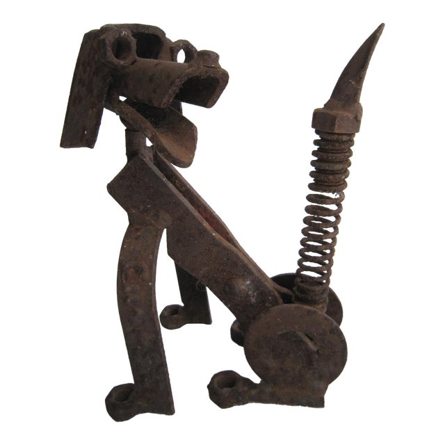 Welded Folk Art Iron Dog Sculpture, Signed | Chairish