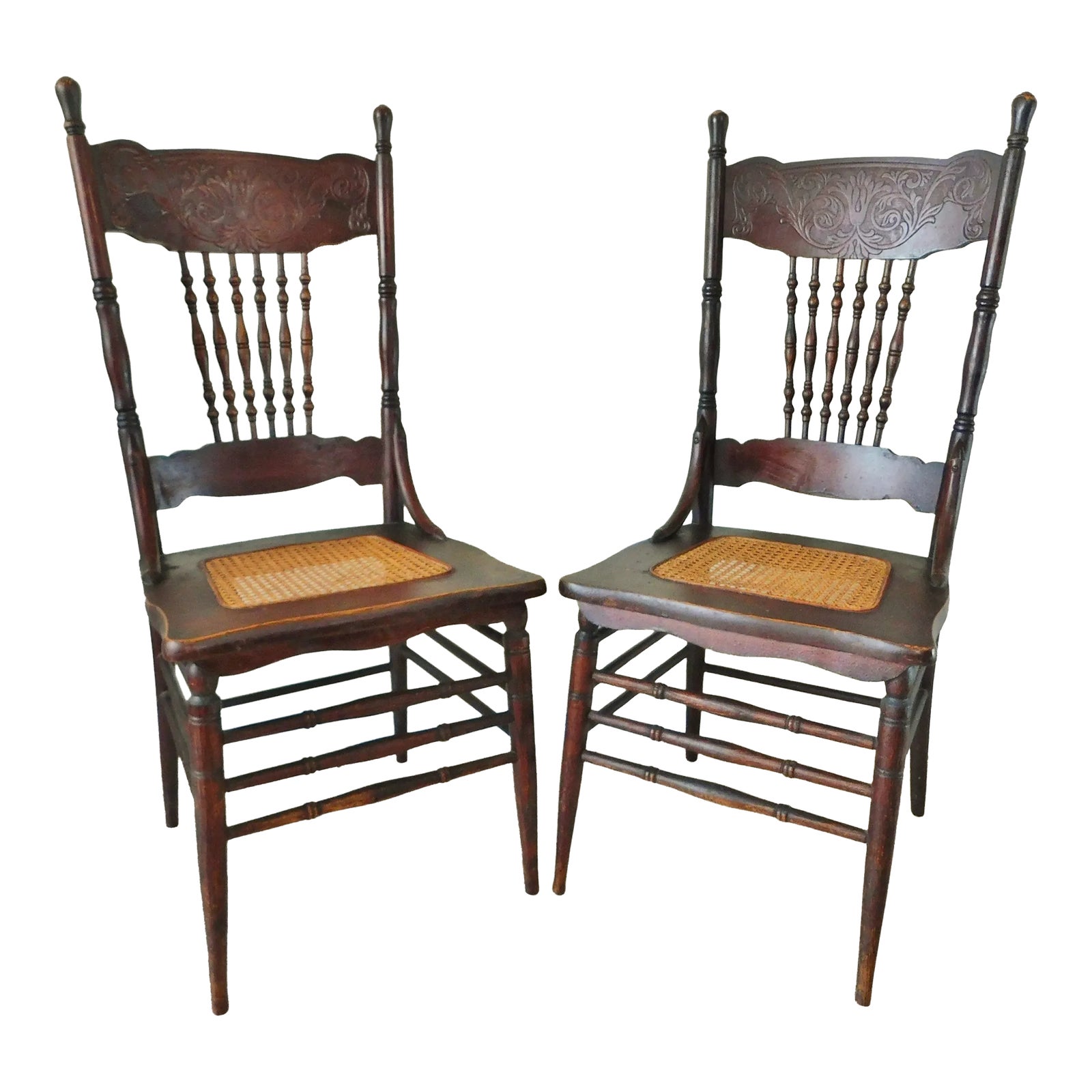 Pair Antique Solid Oak Wood Pressed Spindle Back Cane Seat Side Chairs ...