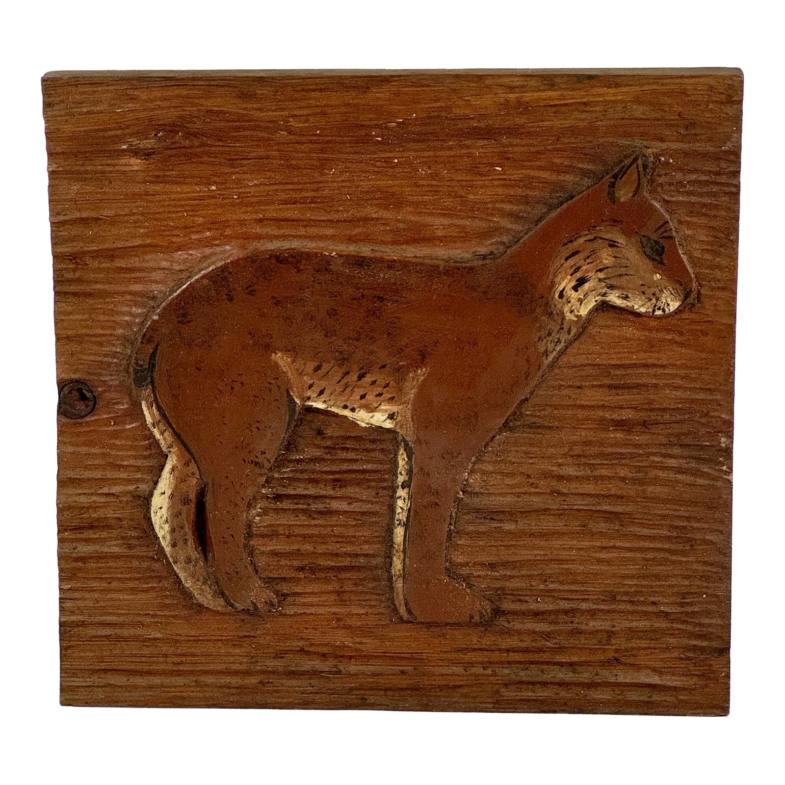 Vintage Wall Folk Art Carving of Bobcat on Wood Board, Signed | Chairish