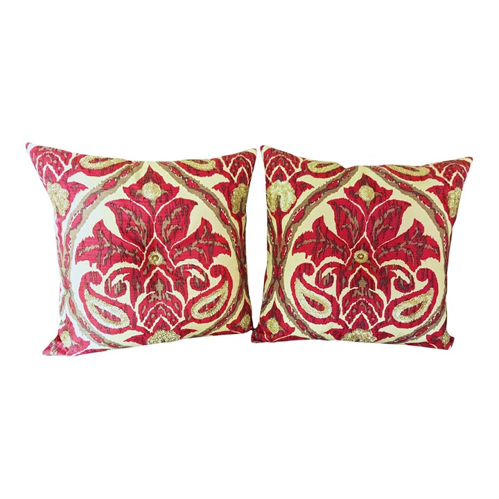 Red and Gold Statement Pillows With Antique Brass Button Detail- a Pair ...