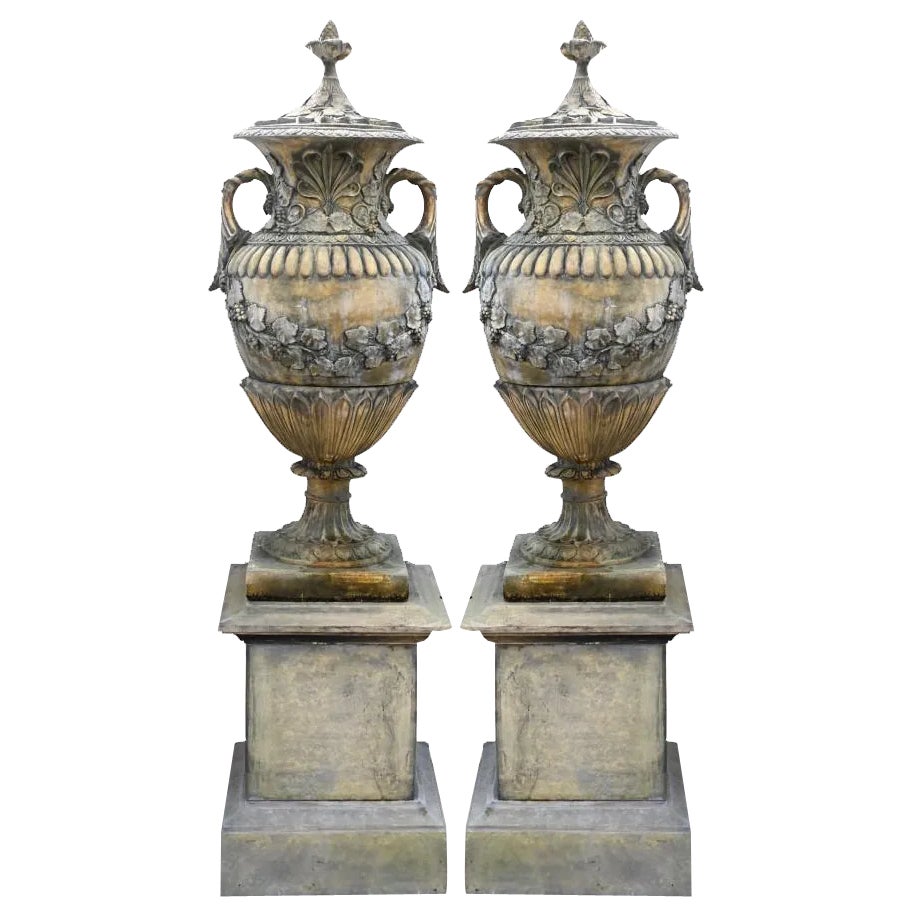 Classical English Amphora Stone Garden Vases, Set of 2 | Chairish