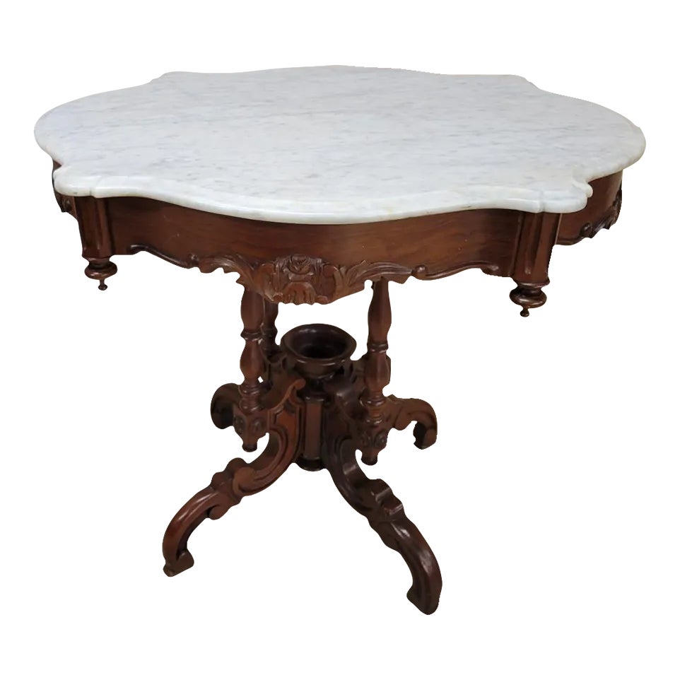 Victorian Renaissance Revival Walnut and Marble Turtle Top Table | Chairish