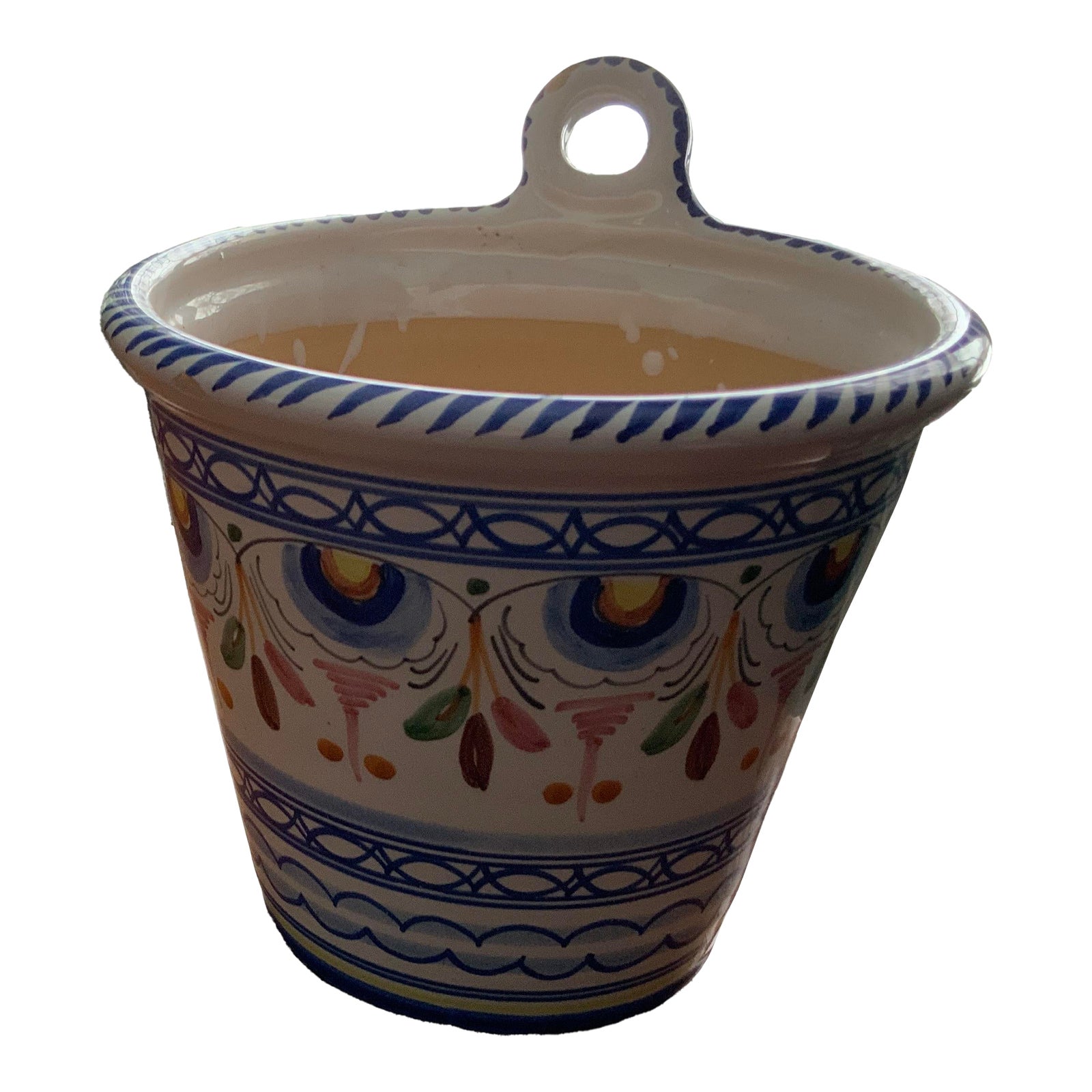 Round Hand Painted Blue and White Ceramic Cachepot With Hanging Feature ...