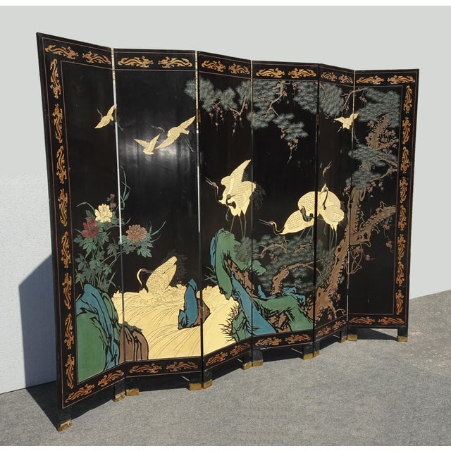 Vintage Oriental Asian Six Panel Screen Room Divider W Flying Cranes ...