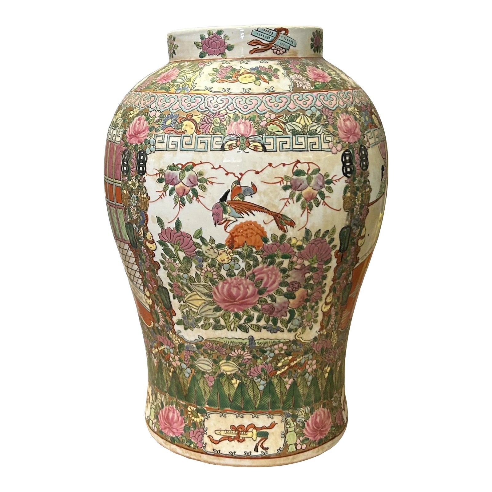 Chinese Oriental Porcelain People Scenery Flowers Round Fat Vase | Chairish