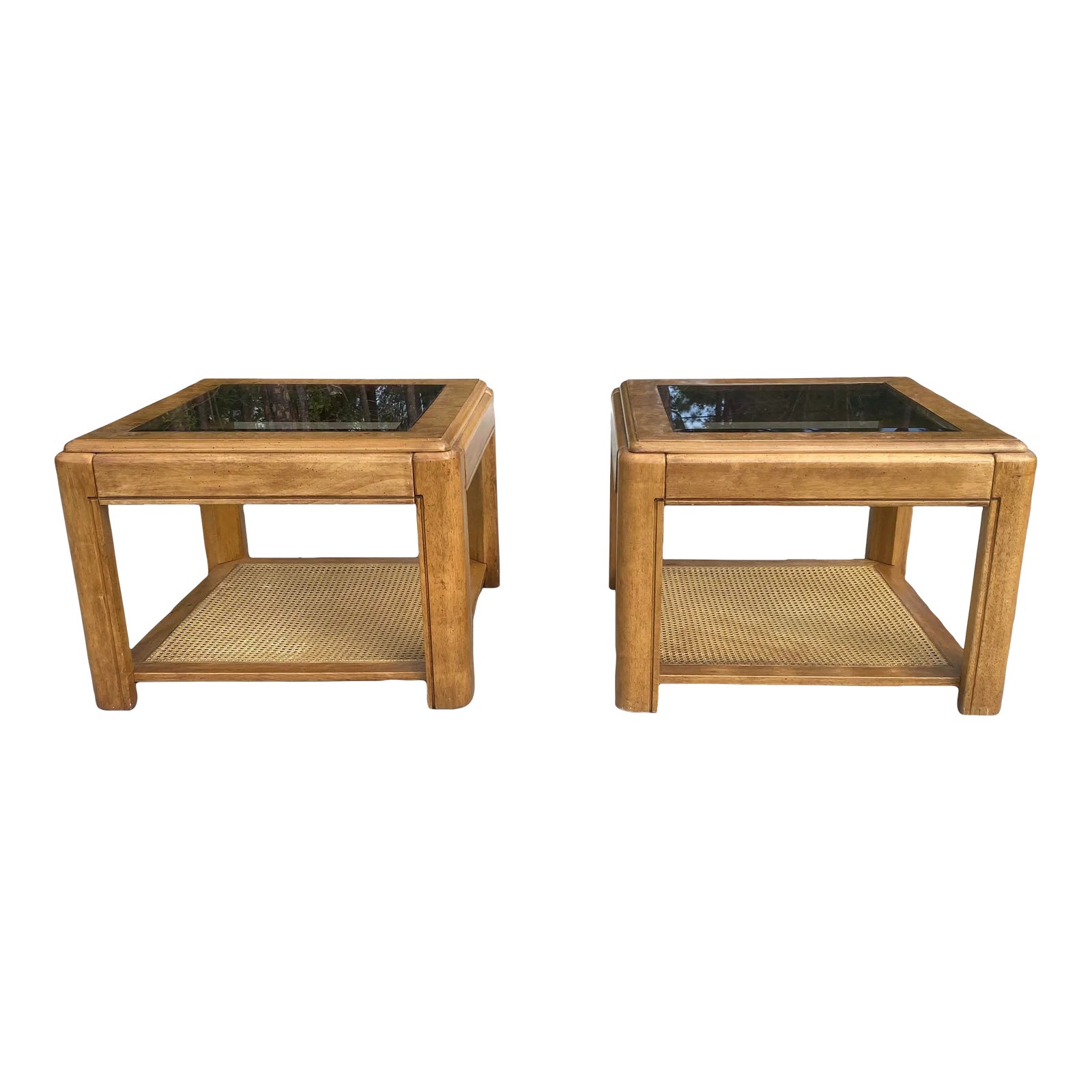Vintage Boho Coastal Wood Side Tables With Cane Bottoms and Burlwood ...