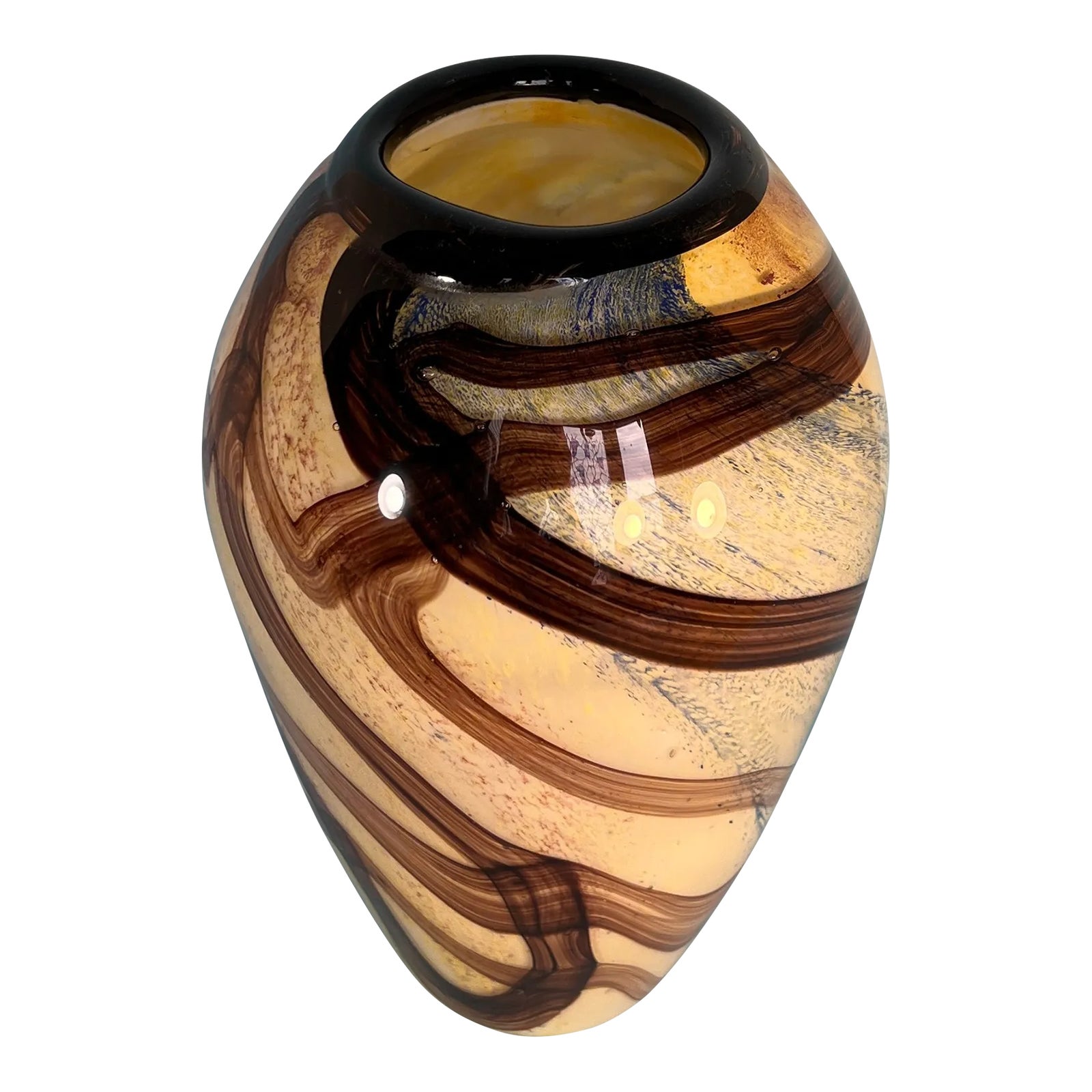Art Glass Vase Multi-Color Tan With Brown Swirls | Chairish