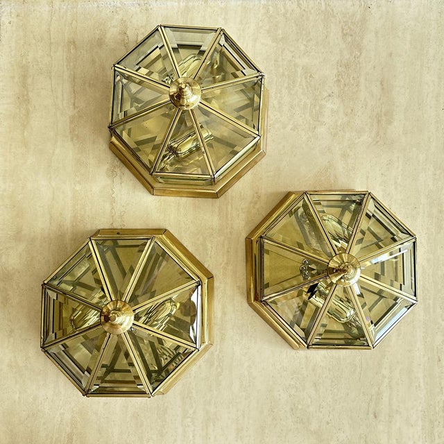 Art Deco Octagonal Brass Wall Lamp with Cut Glass, 1930s | Chairish