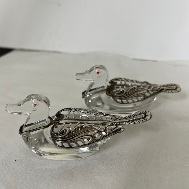 Rare Red Eyed Glass Duck Salt Cellars With .800 Silver Wings and Spoons ...