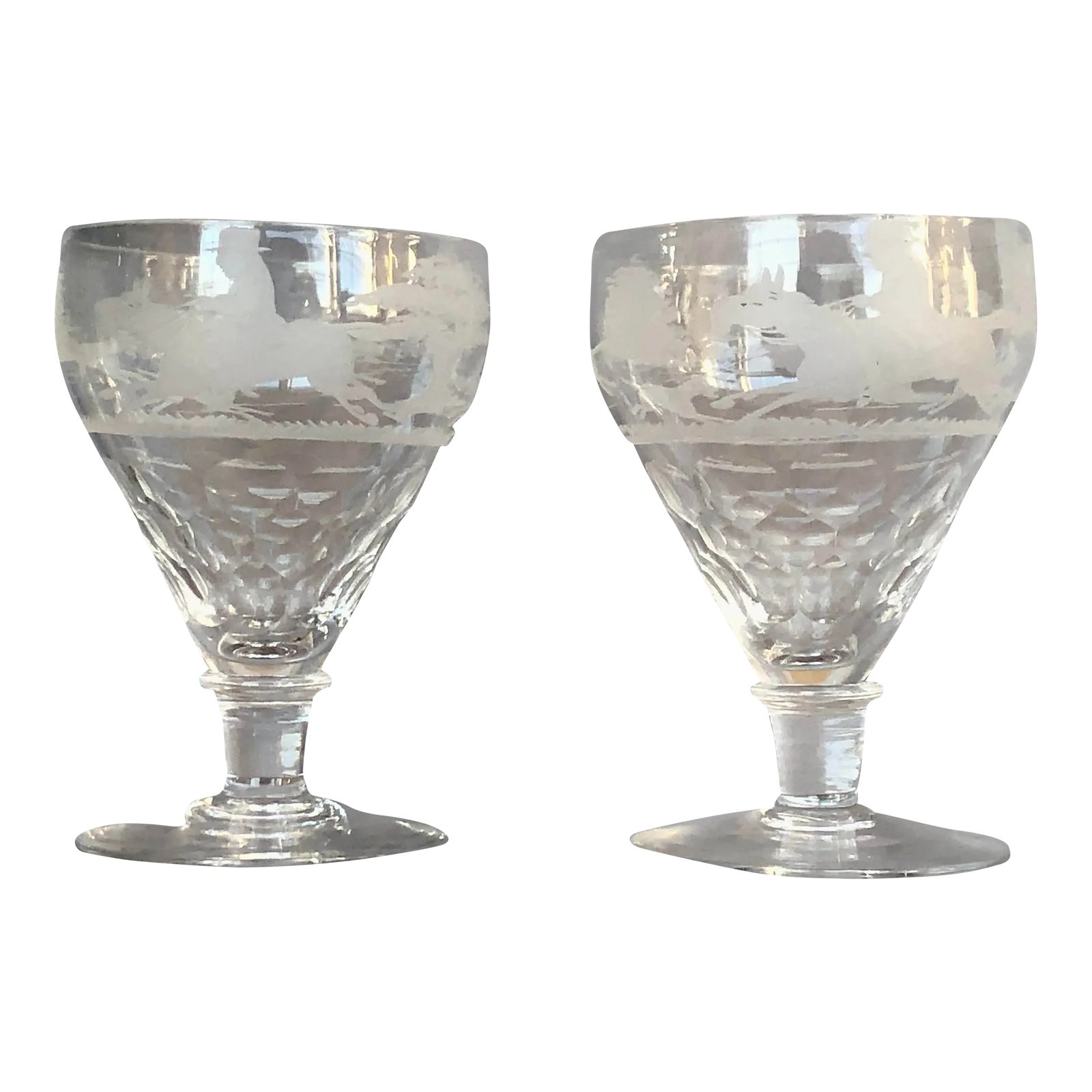 Antique Victorian Hand Blown Crystal Sherry Glasses With Wheel Cut Fox ...