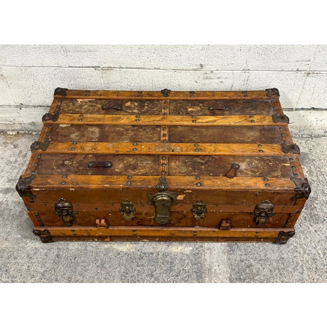 Antique Flat Top Steamer Trunk Storage Coffee Table | Chairish