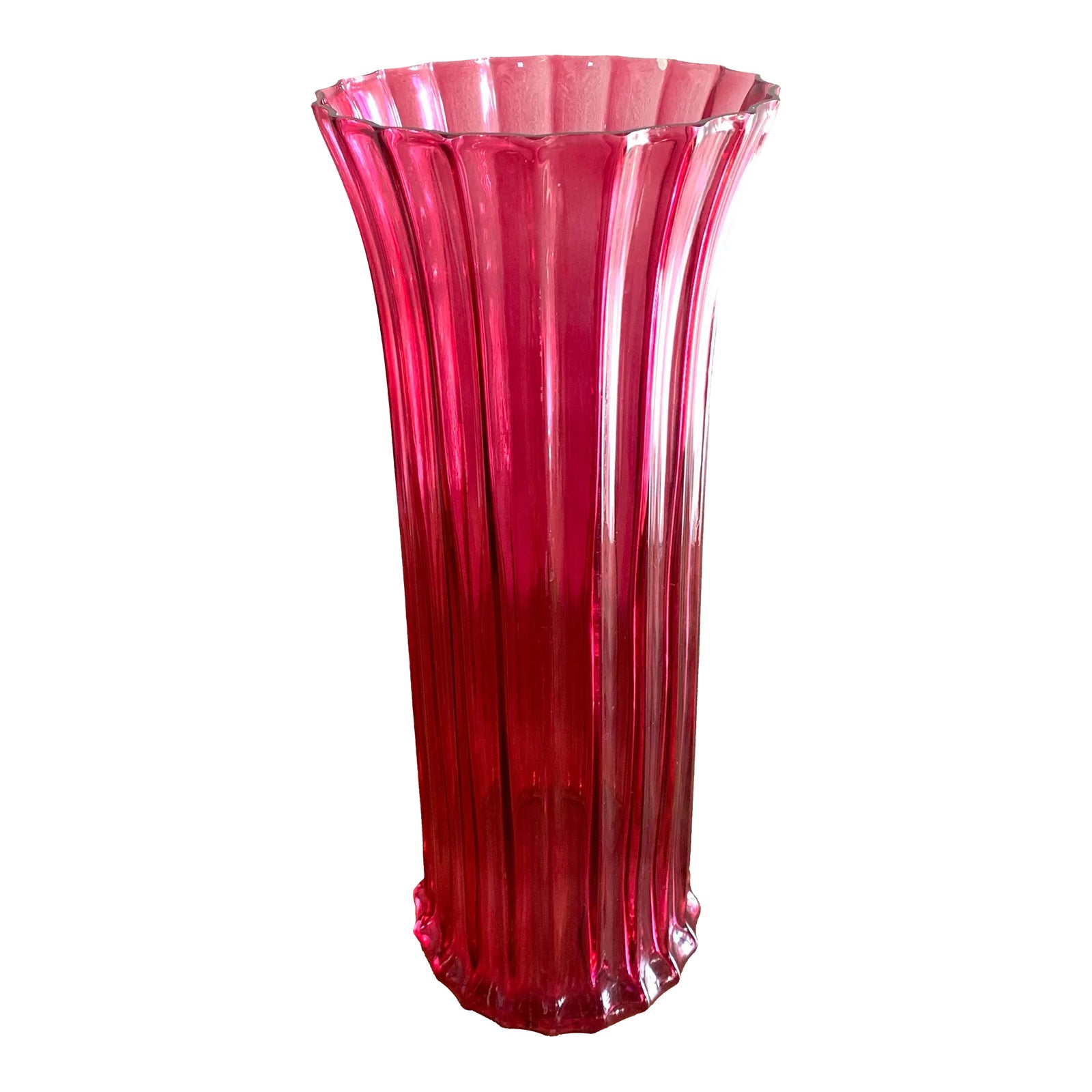 16” Tall Large Ribbed Hot Pink Glass Vase | Chairish