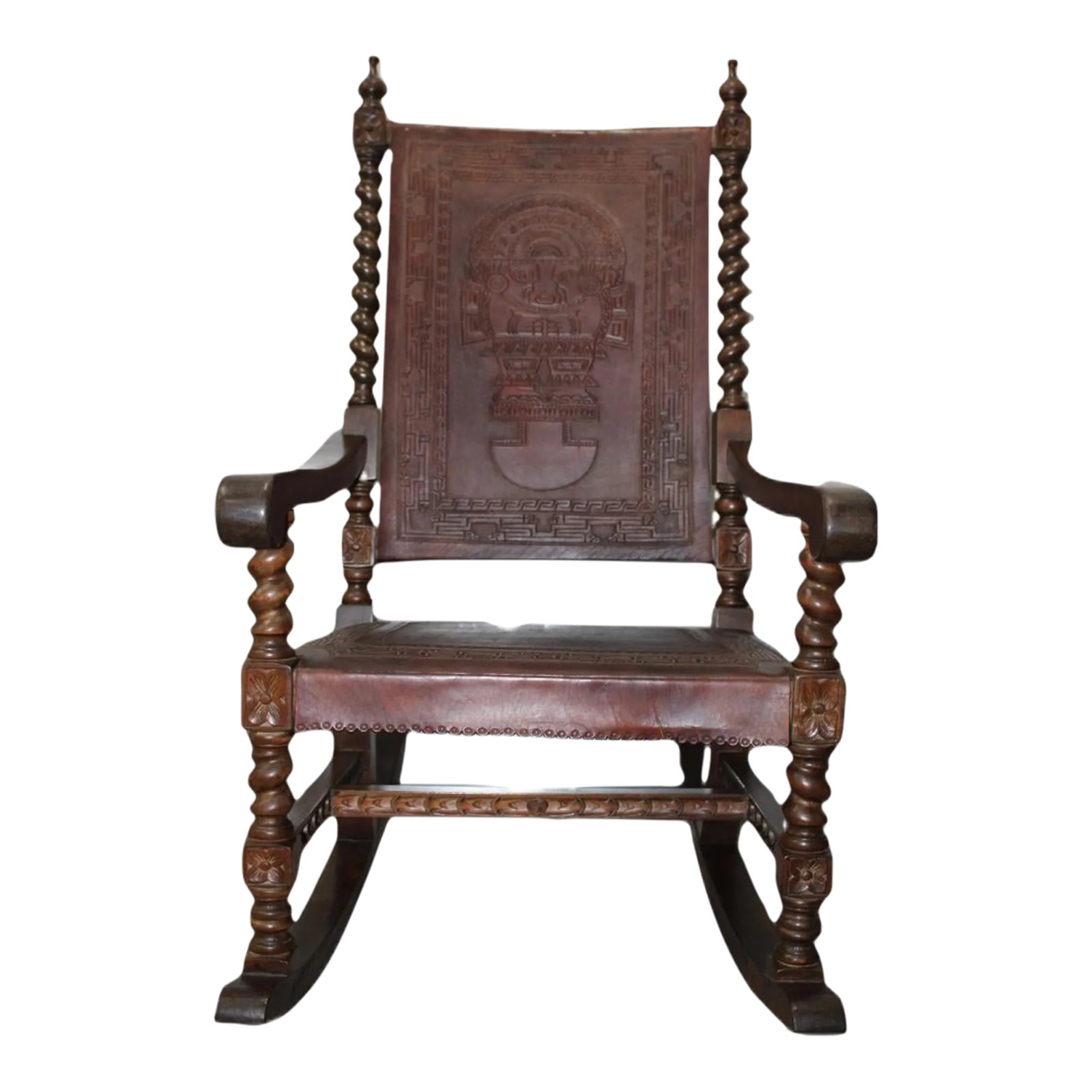 Hand Carved Rocking Chair W Tooled Leather