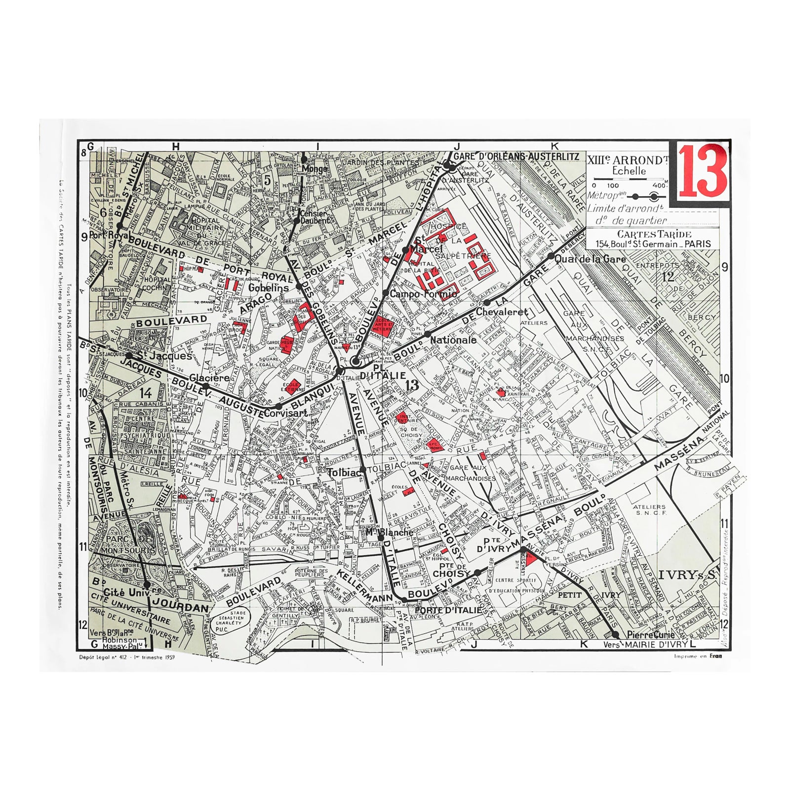 1959 Original Cartes Tarides Map of Paris, XIII Arrondissement | Chairish