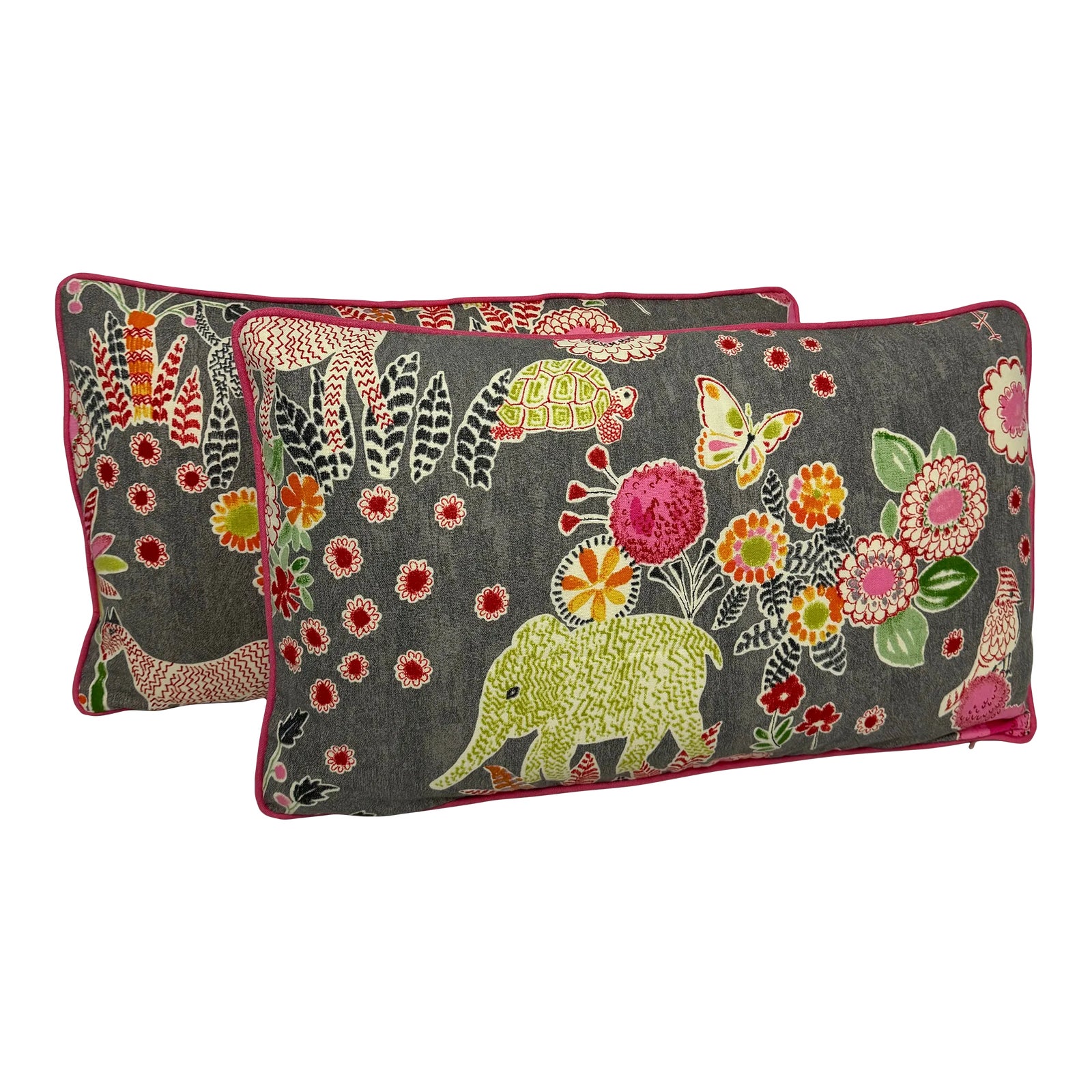 Waverly Safari in Charcoal Lumbar Pillows - Pair | Chairish
