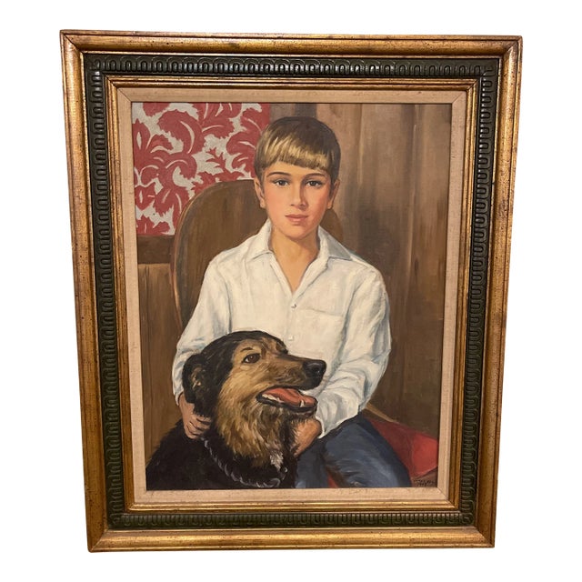Vintage Portrait Oil Painting of a Young Man With Dog | Chairish