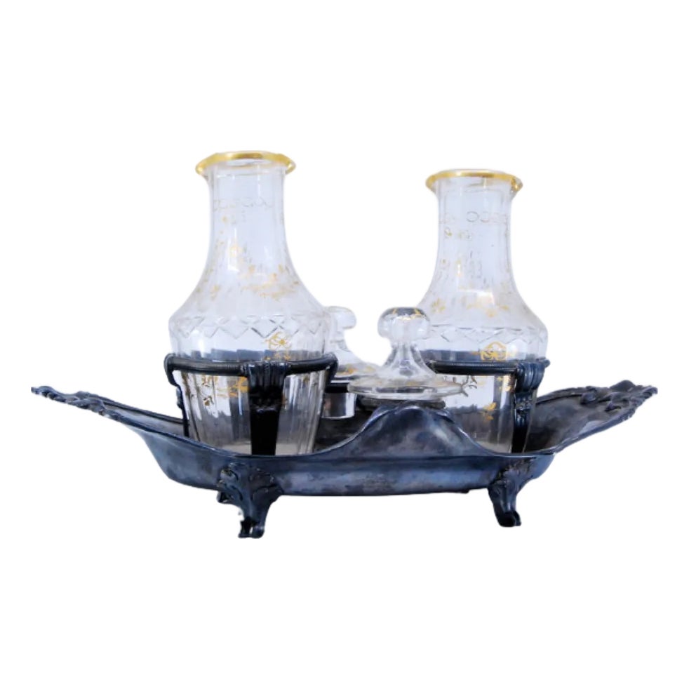 Silver Structure and Glass Cruet Set with Gold Accents, Set of 3 | Chairish