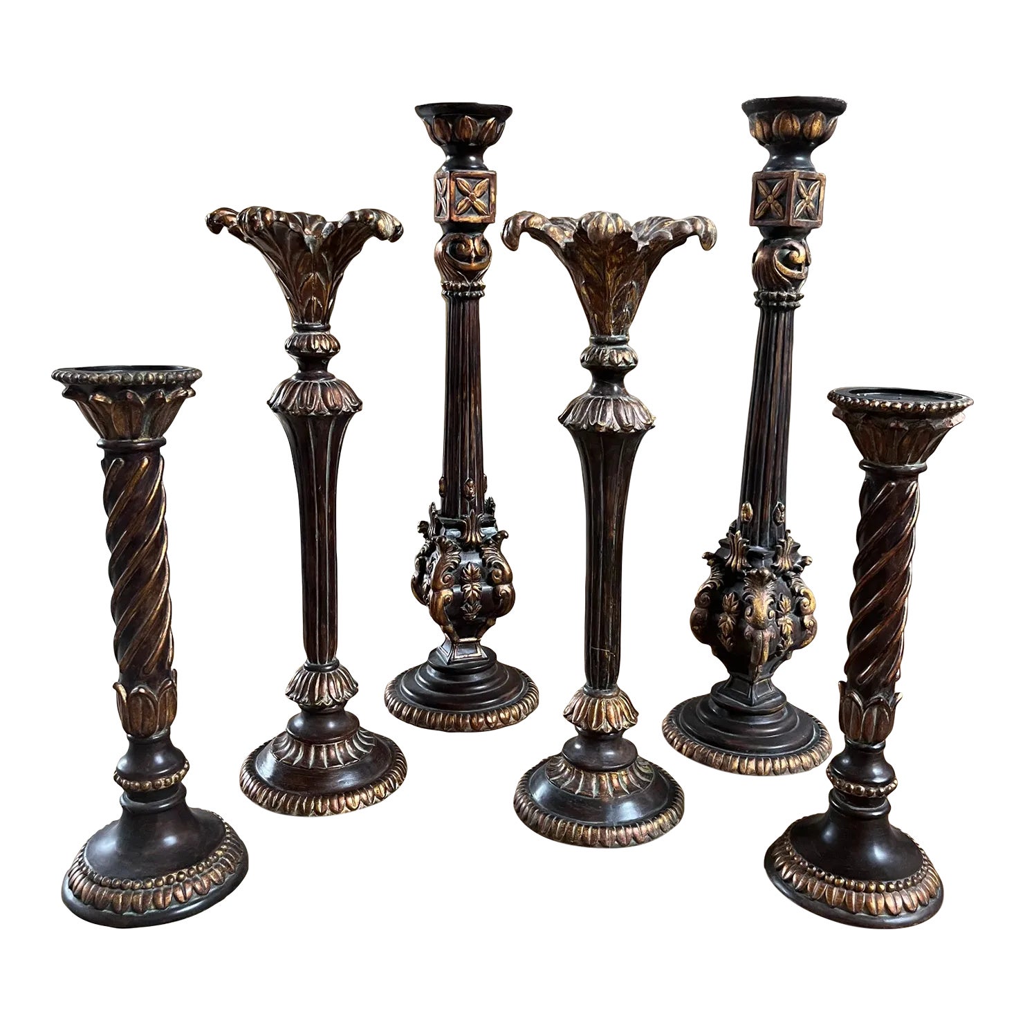 2000s Interlude Home Ornate Wooden Pillar Candlesticks- Set of 6 | Chairish