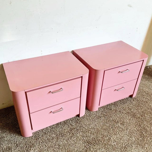 Postmodern Pink Lacquer Laminate Nightstands With Chrome Handles - a ...