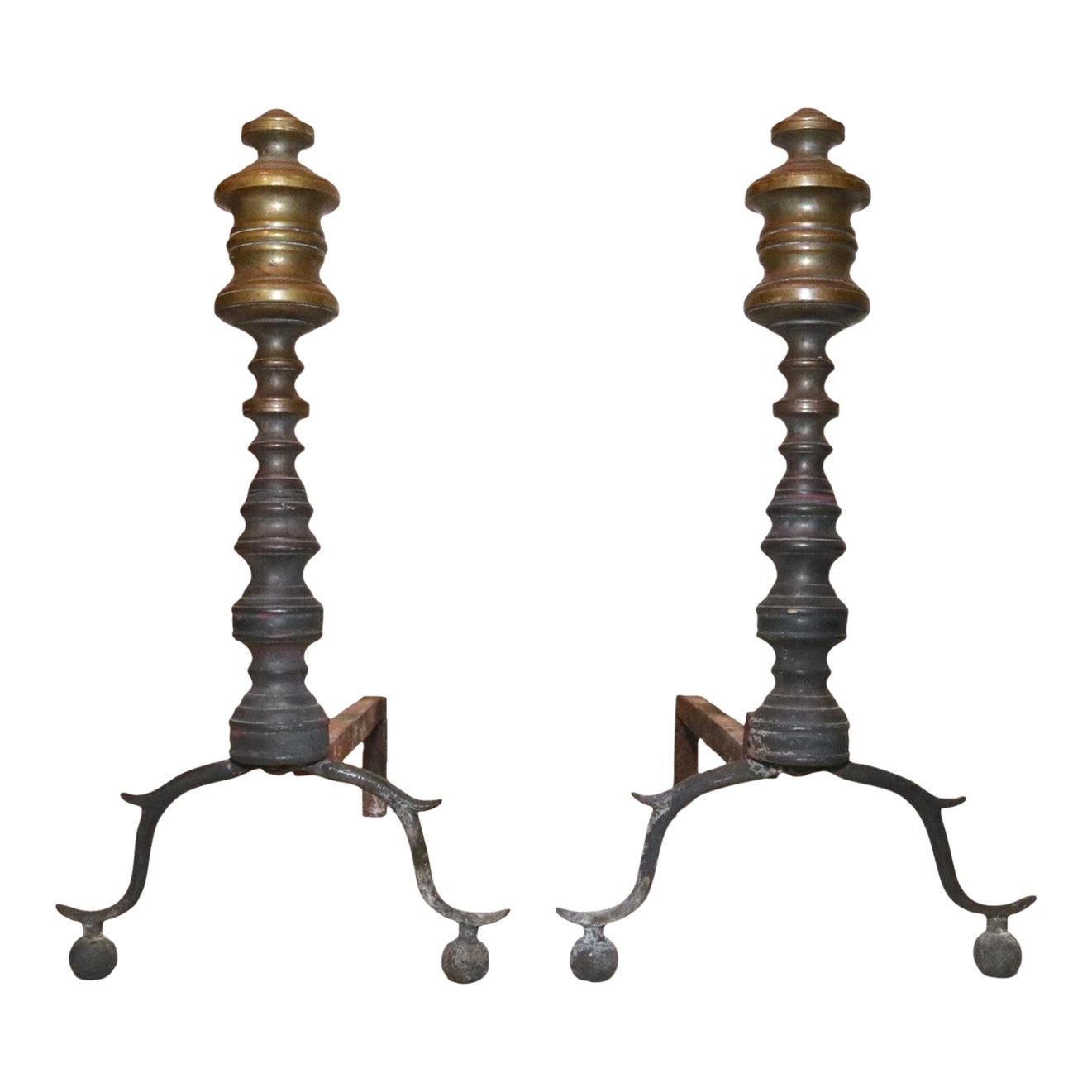 Pair 18th Century Turned Peened Brass Wrought Iron Georgian Andirons ...