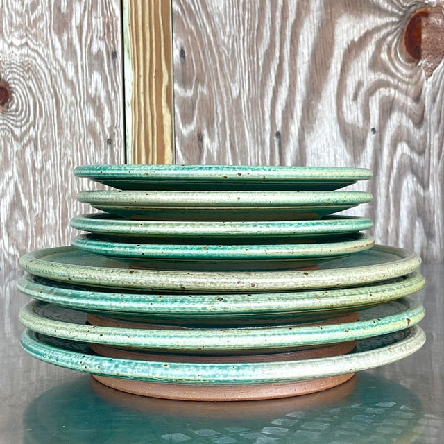 Vintage Boho Studio Pottery Plates- Set of 8 | Chairish