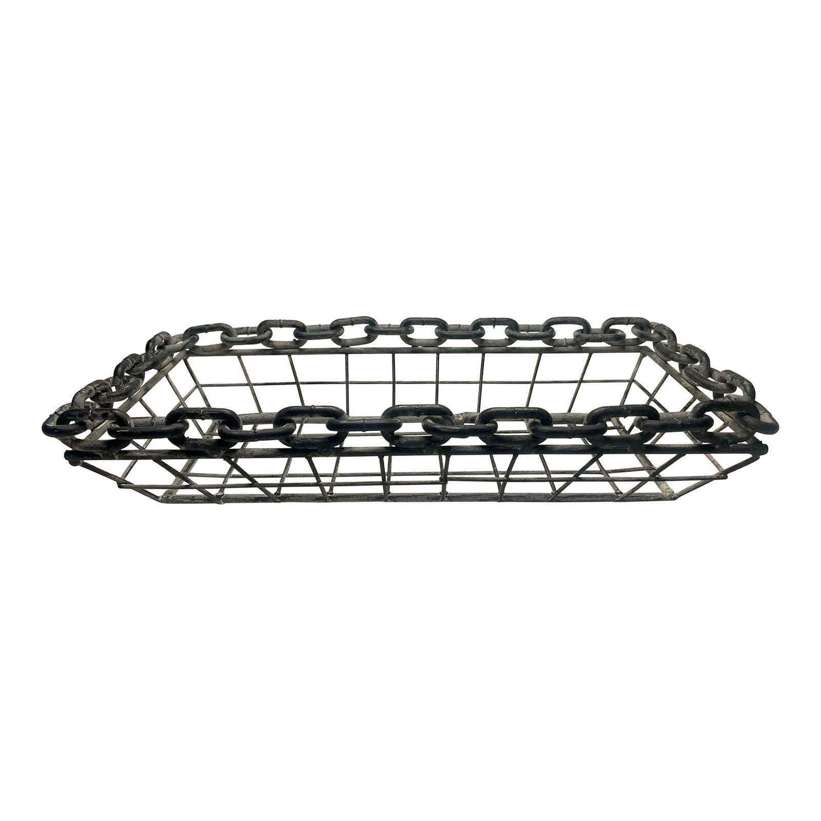 Vintage Brutalist Modern Rectangular Metal Basket, Charcoal Gray | Chairish