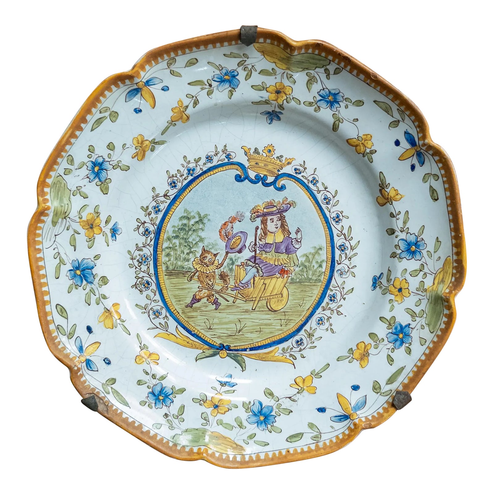 19th Century French Rouen Faience Majolica Plate With Puss in Boots ...
