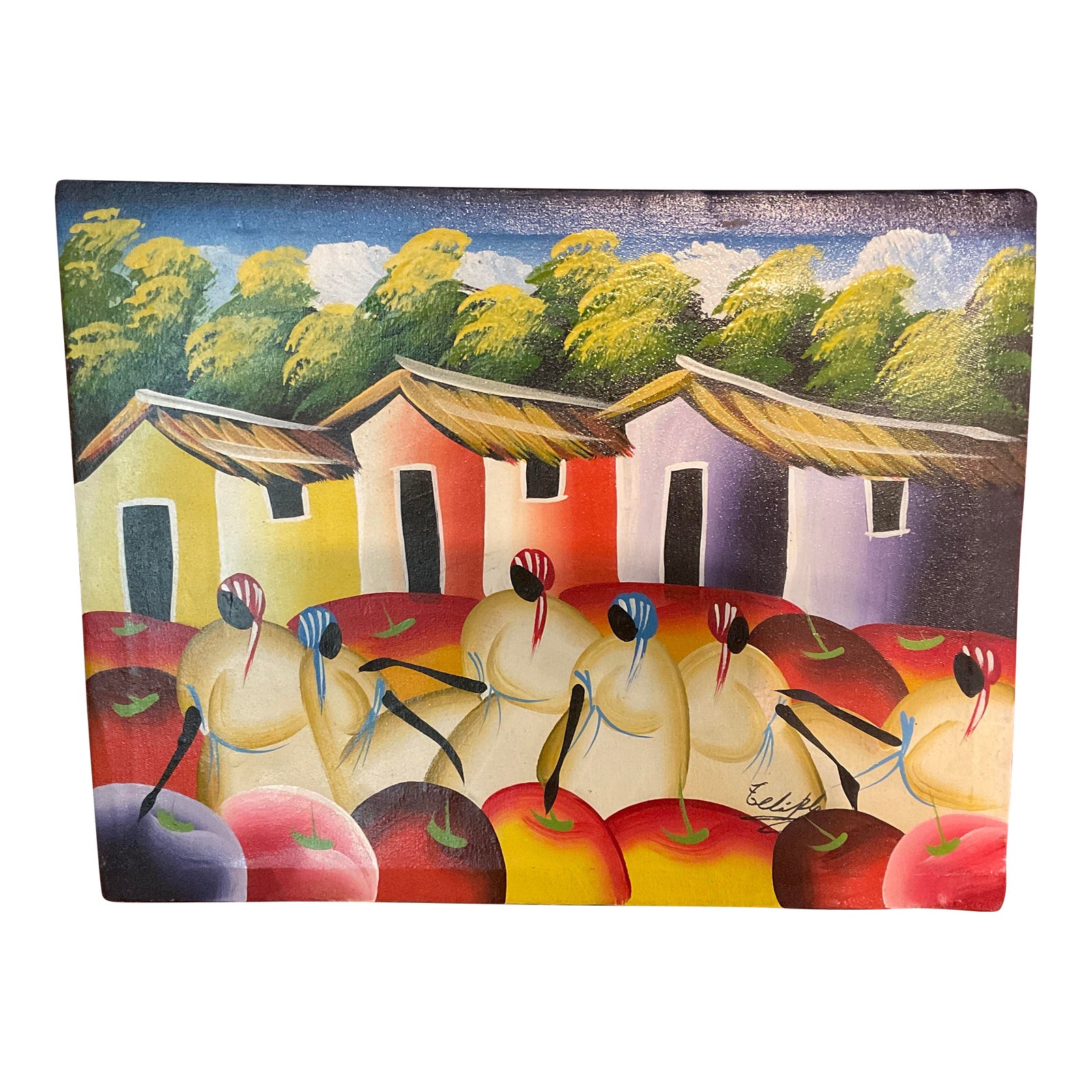 Bright & Bold Mid Century Hatian Folk Art Painting | Chairish