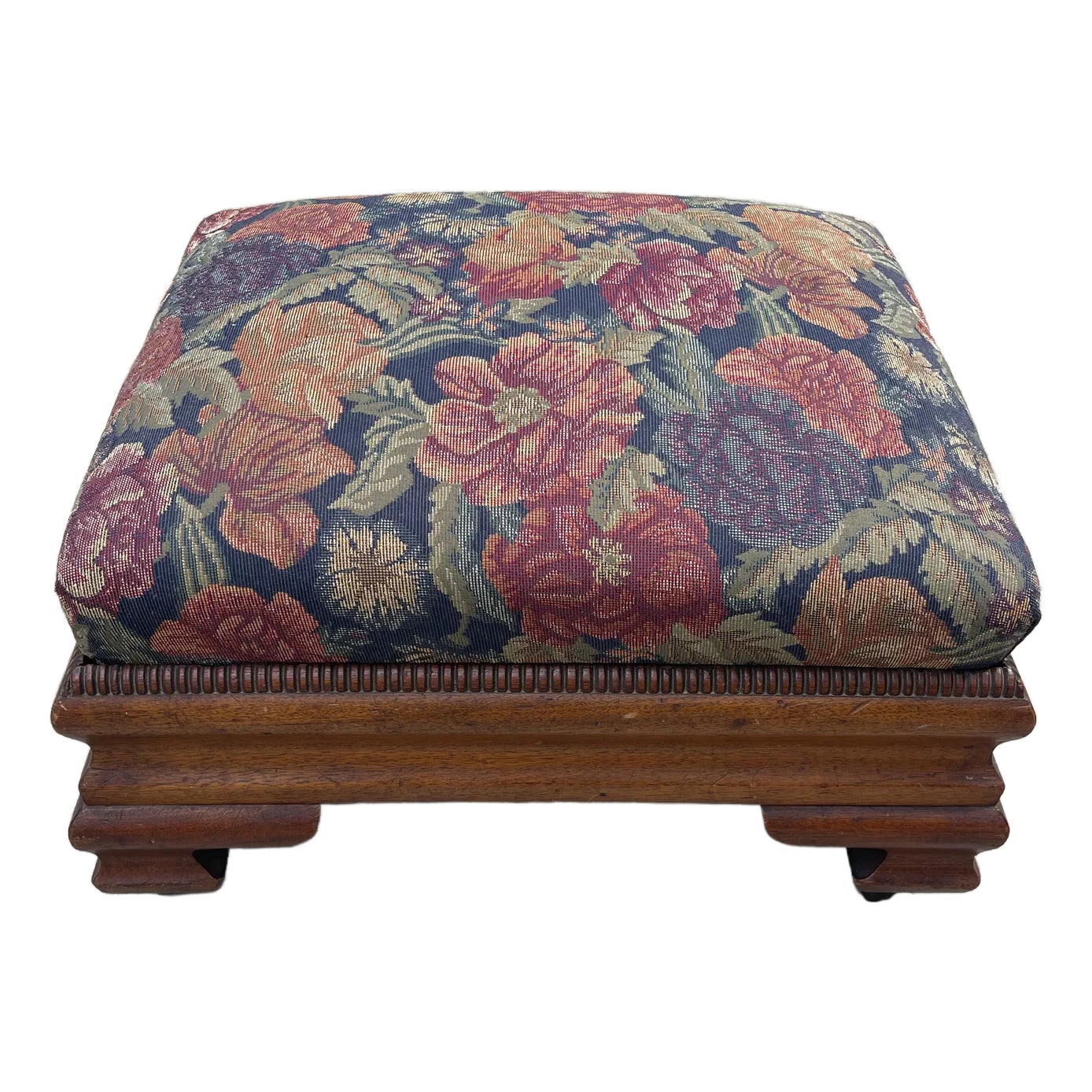 Mid 20th Century Vintage Woven Floral Footstool With Casters | Chairish