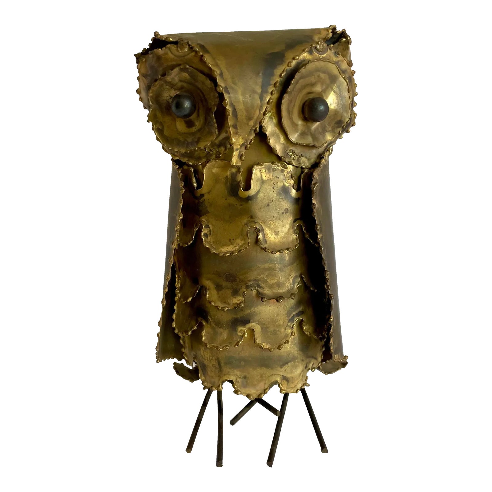1960's Brutalist Torch Cut Brass Metal Figurative Owl | Chairish
