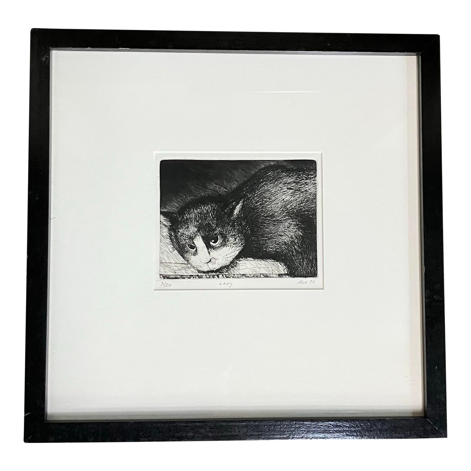 1980’s Original Vintage “Lazy” Cat Etching Signed Original Frame | Chairish