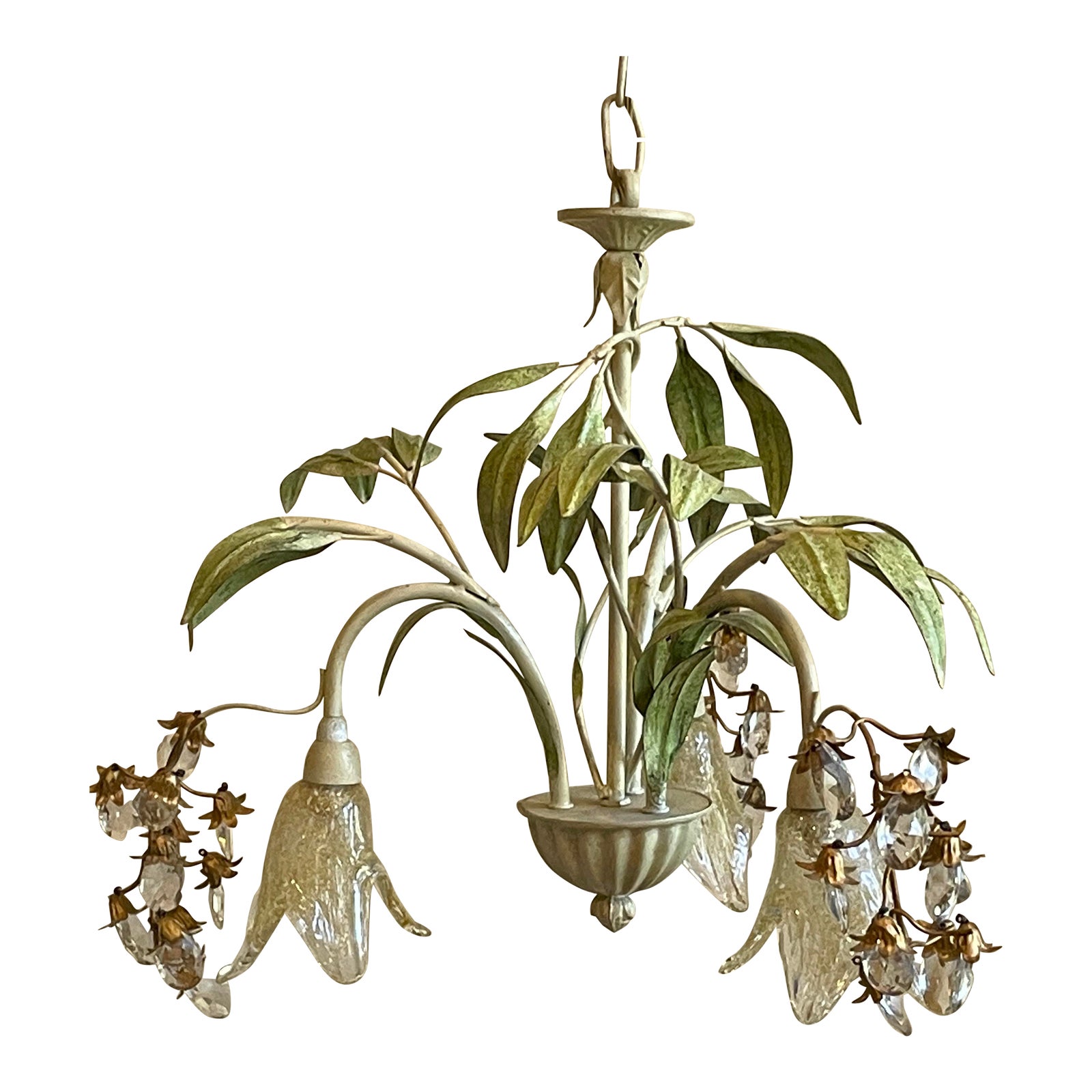 1990s Huarco by Elk Seashell Sage Green, Floral, Glass and Gold 3 Light ...