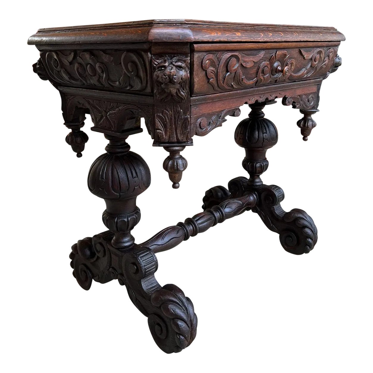 Antique Petite English Sofa Side Table Library Desk Renaissance Carved ...