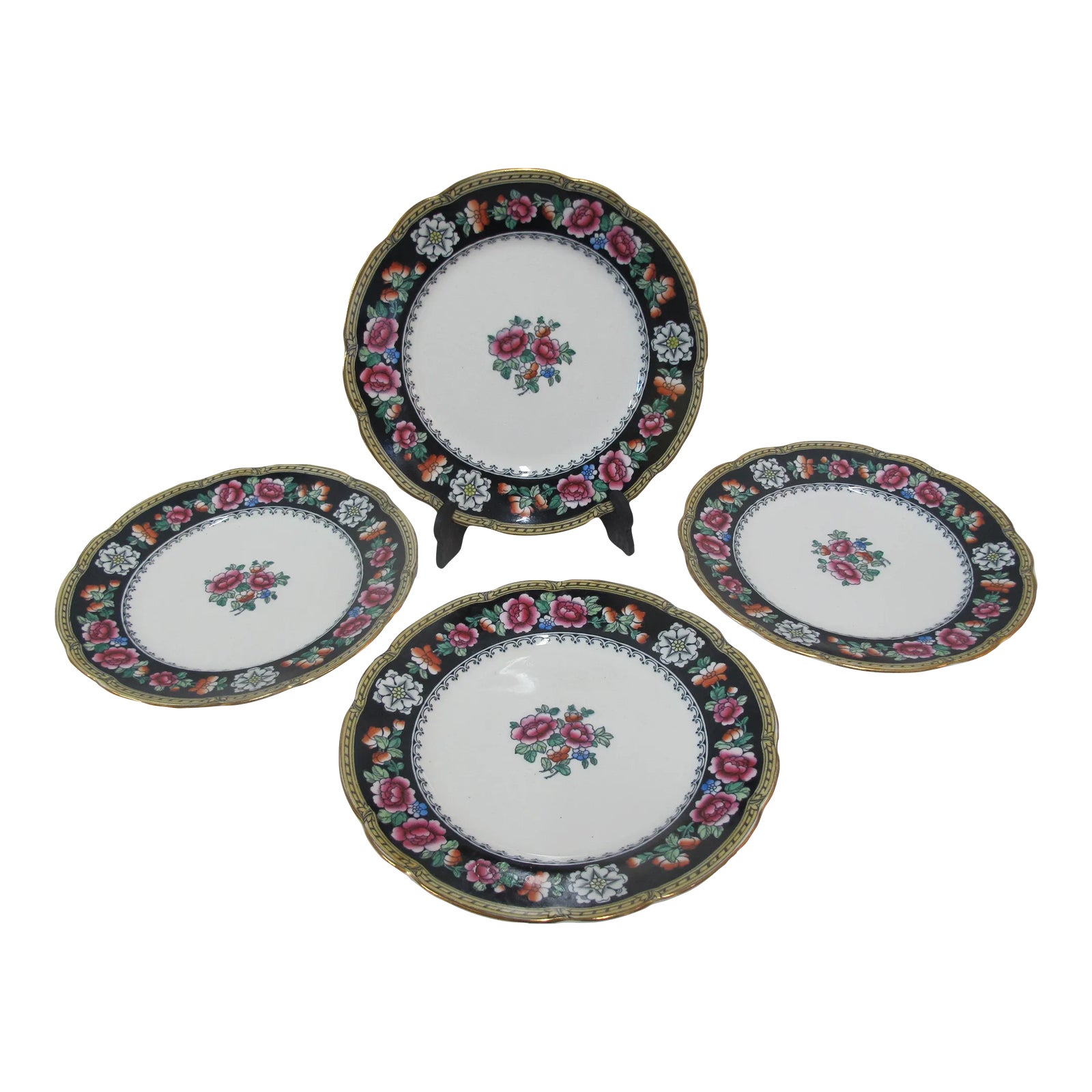 Queen Anne Whieldon Ware Gilt & Colorful Flower Plate Set of 4 | Chairish