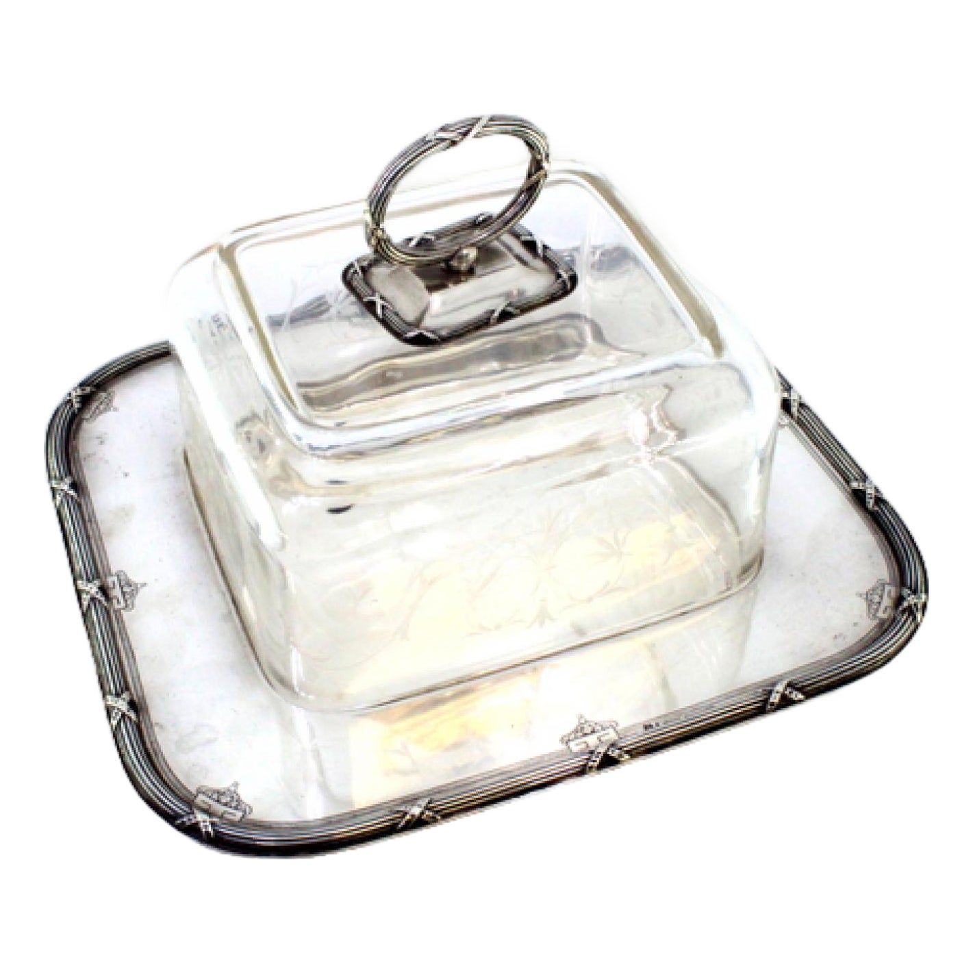 Silver Cheese Dish with Exposed Strips, Acid-Etched Glass Core and Knob ...