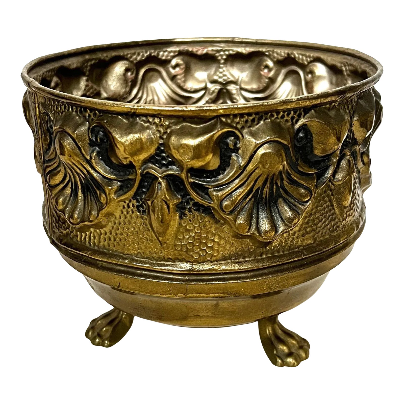 English Footed Gold Stamped Metal Shell Pattern Cachepot | Chairish