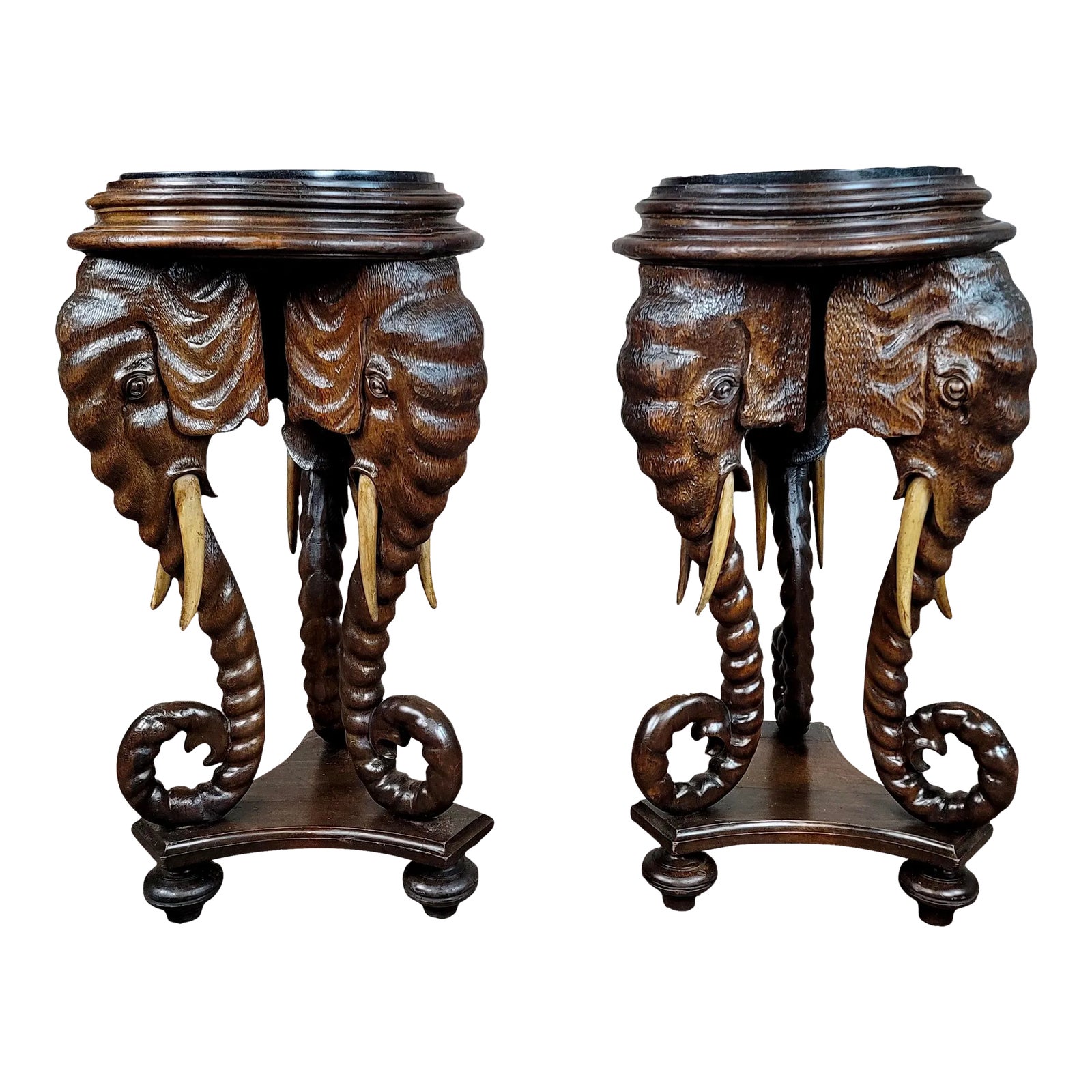 19th Century Elephant Side Tables Carved Walnut -A Pair | Chairish