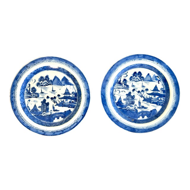 Antique Chinese Blue and White Porcelain Canton Plates- a Pair | Chairish