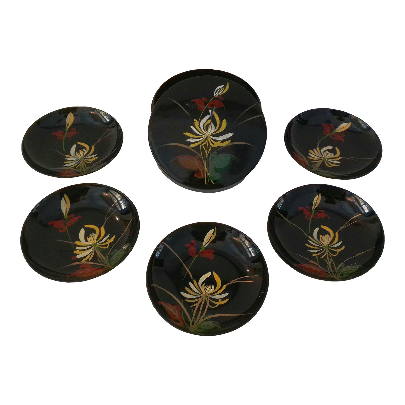 Mid-Century Black Lacquerware Floral Coasters, 6 Pcs | Chairish