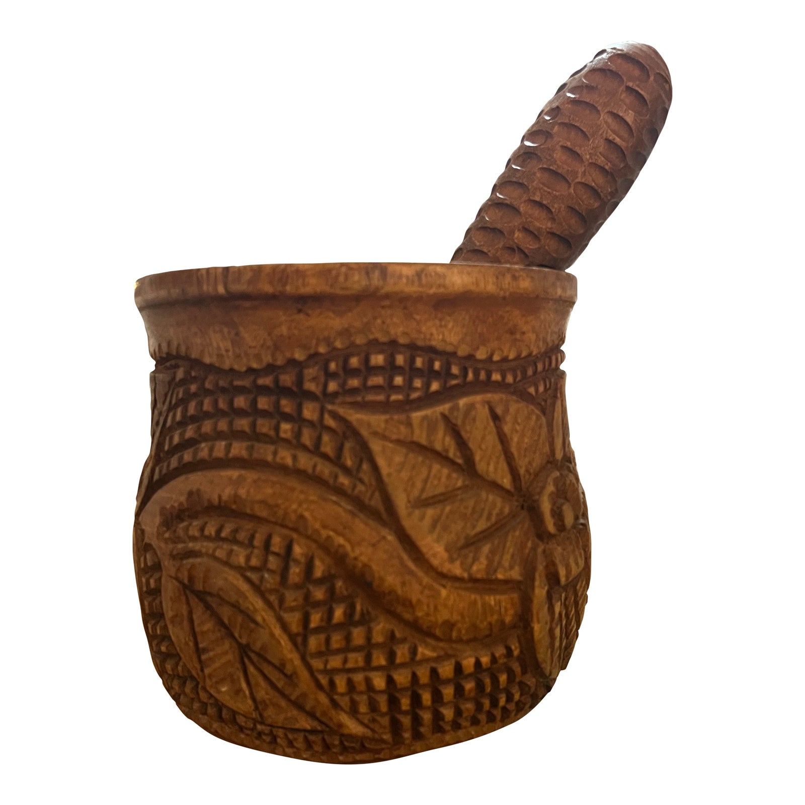 Hand Carved Vintage Detailed Wooden Mortar and Pestle | Chairish