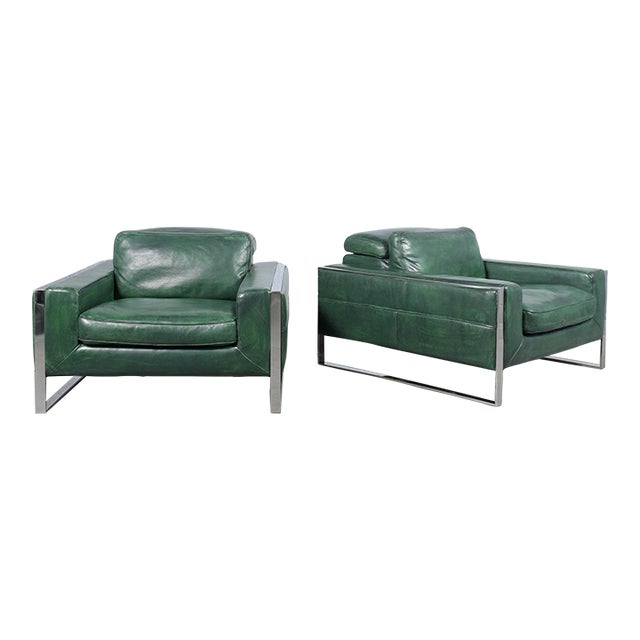 Restored Modern Lounge Chairs in Light Green Leather With Chrome ...