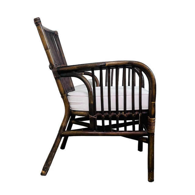 Reeded Rattan Arm Chairs in Sunbrella Fabric (2 Chairs) | Chairish