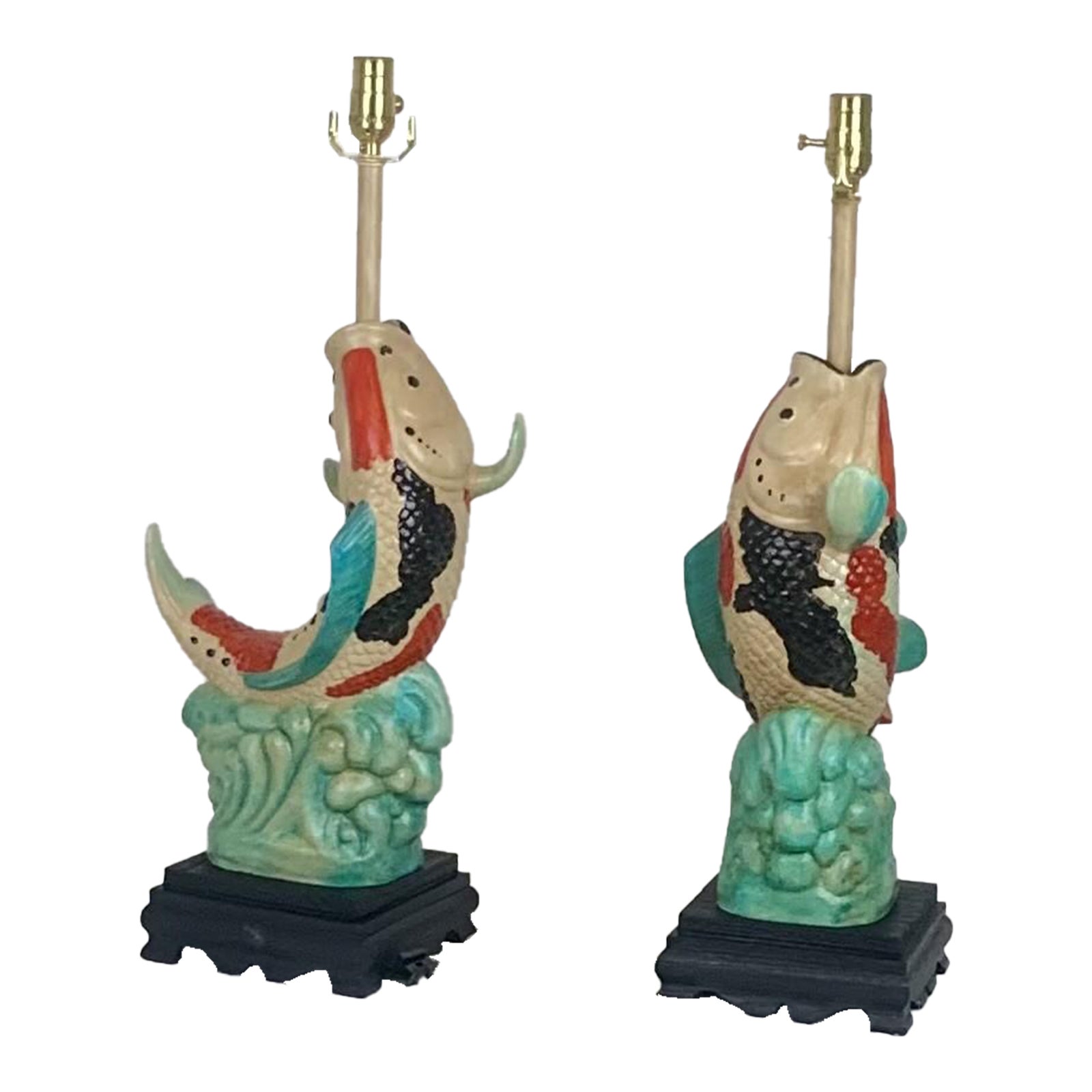 Plaster 1960's Koi Fish Lamps With Antiqued Finish - A Pair | Chairish