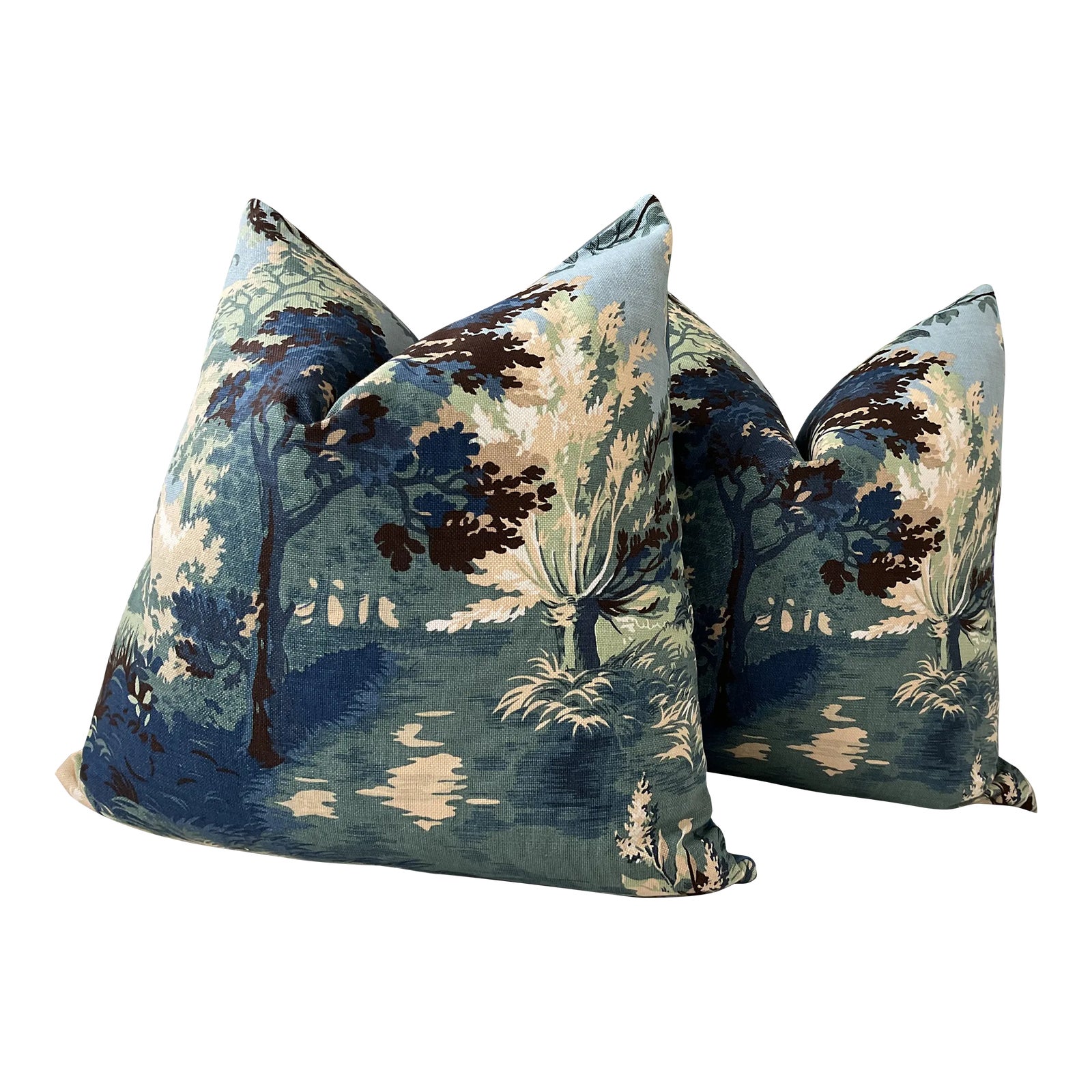 Pair of Thibaut “Lincoln Toile” in Navy and Teal Down Filled Pillows ...