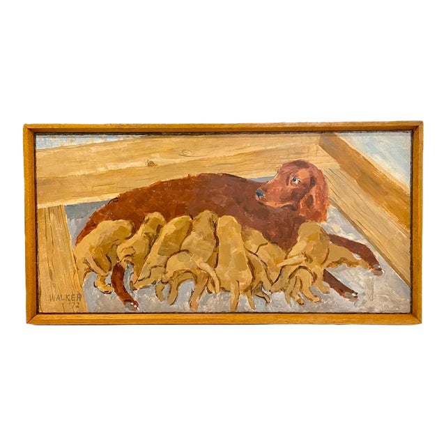 Vintage Dog & Puppy Litter Painting | Chairish