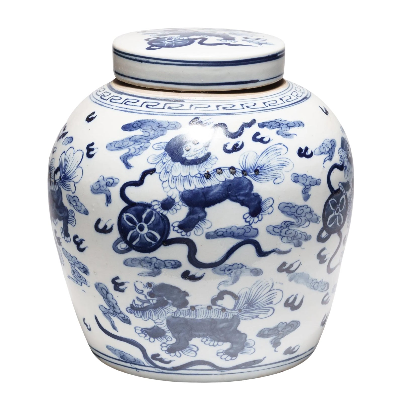 Chinese Blue and White Jar with Mythical Fu Lions | Chairish