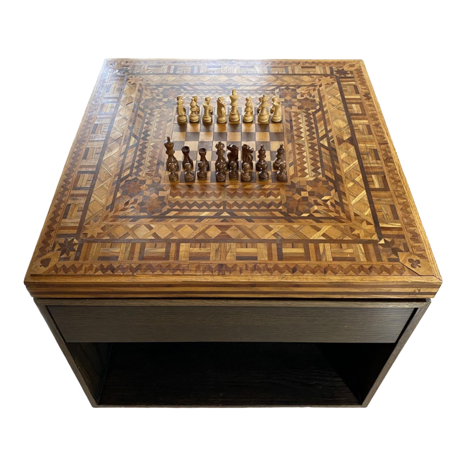 1950s Inlaid Chess Board / Games Table With Storage & Drawer | Chairish