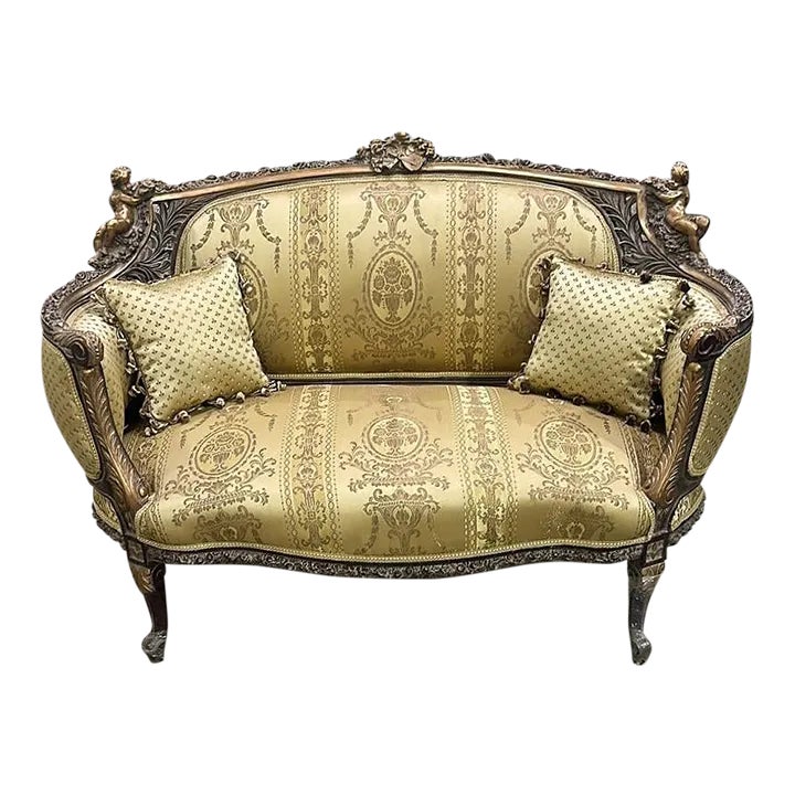 French Rococo Style Gold Tufted Sofa With Gold Details and Pillows ...