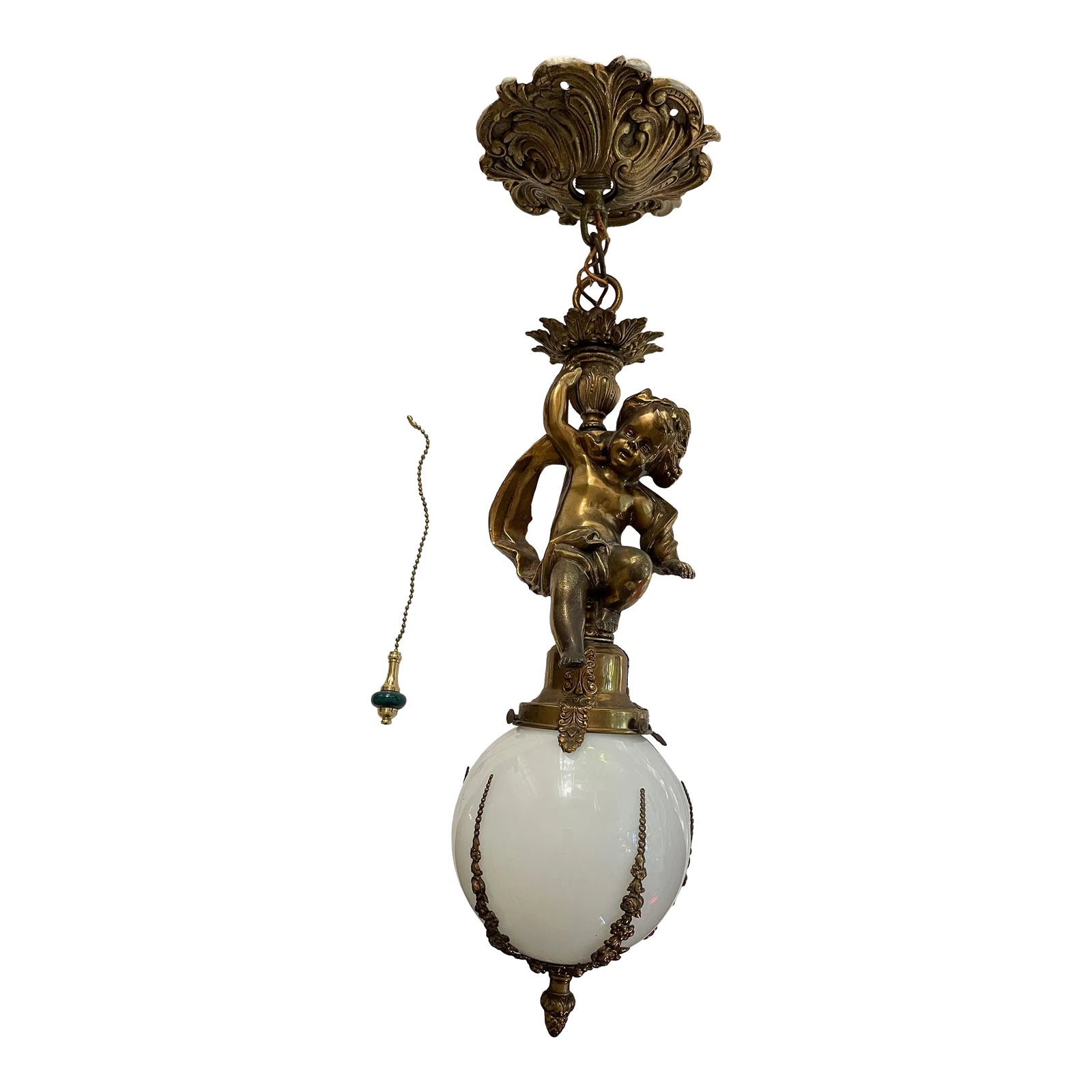 Mid 20th Century Vintage Brass Cherub Pendant Fixture Lamp | Chairish