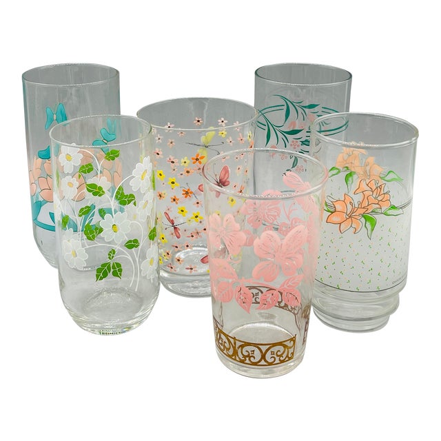 Vintage Mismatched Set Of 6 Pink Floral Glasses Chairish